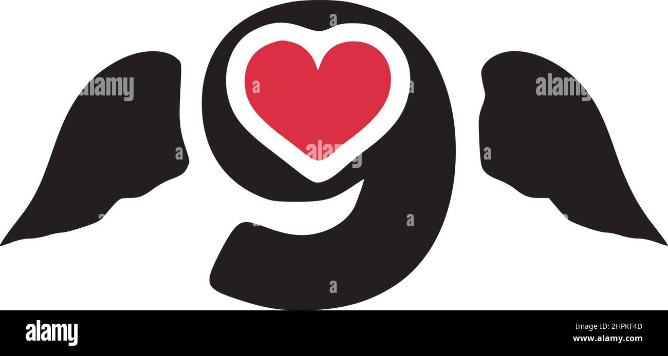 Number 9 with wings and heart symbol doodle icon Stock Vector Image ...