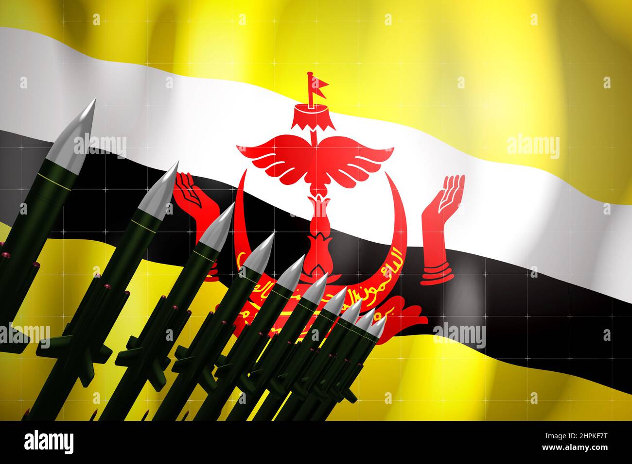 Cruise missiles, flag of Brunei in background - defense concept - 3D ...