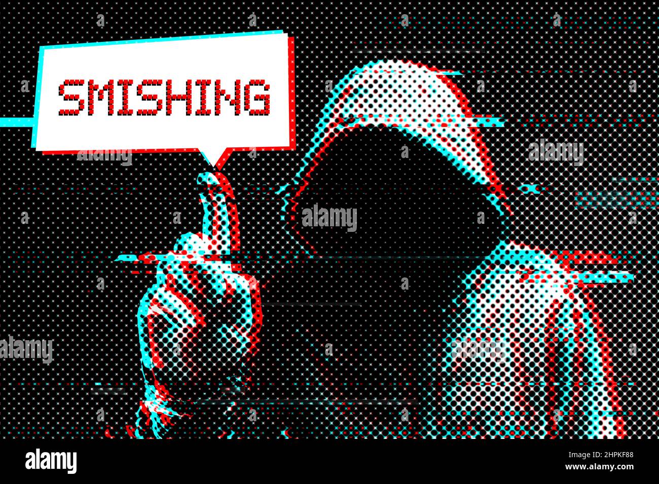 Smishing or SMS phishing concept, digitally enhanced image with hooded ...