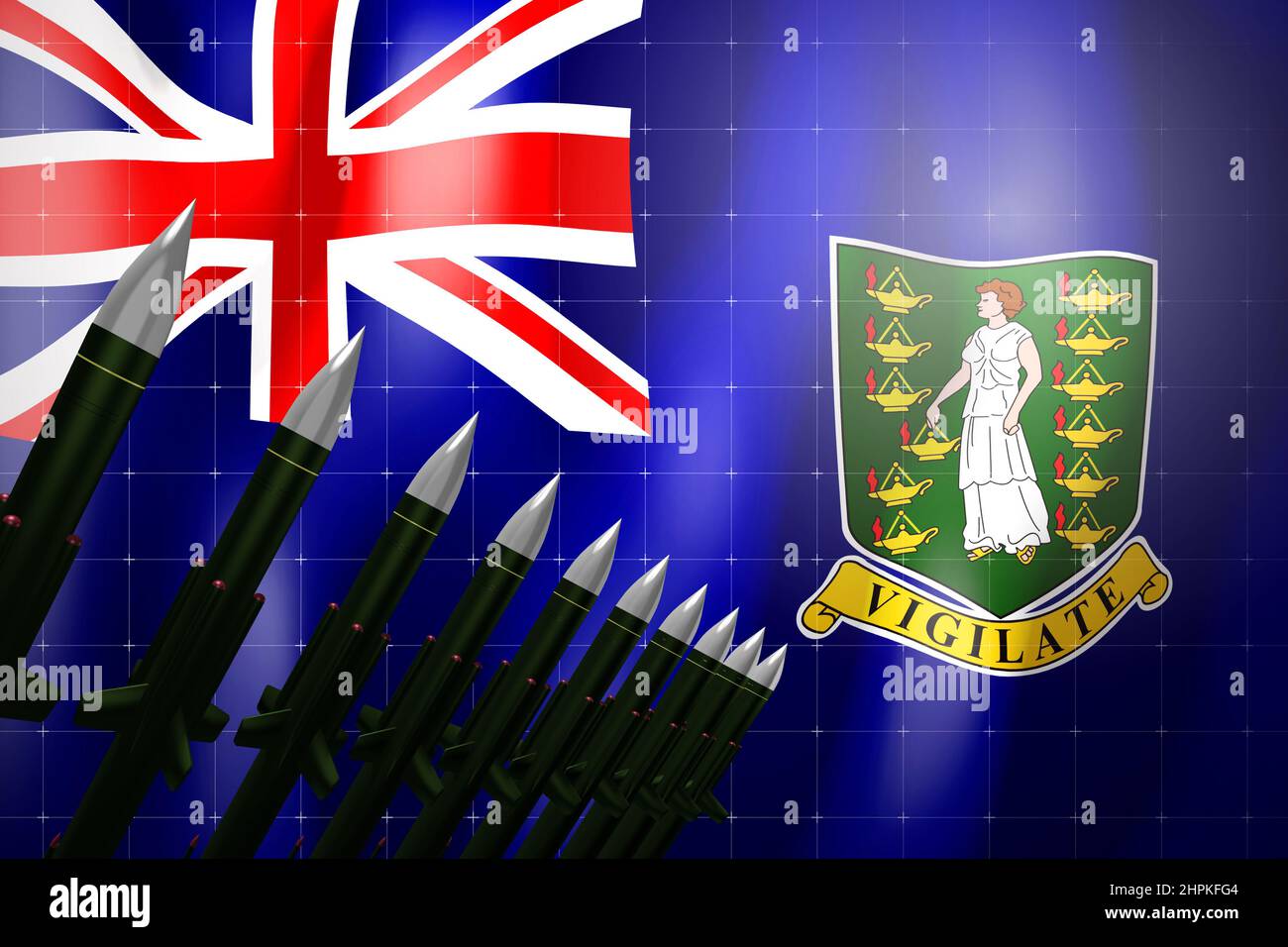 Cruise missiles, flag of the British Virgin Islands in background ...