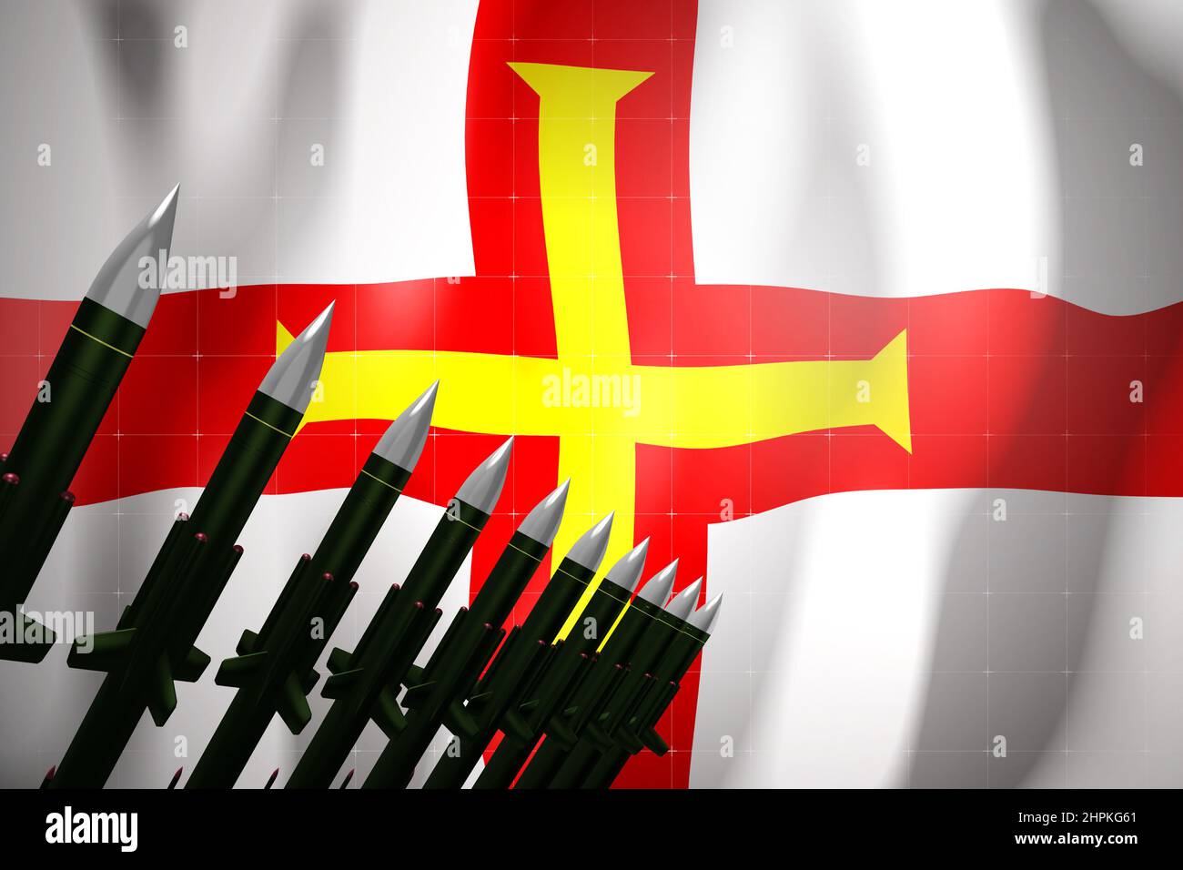 Cruise missiles, flag of Guernsey in background - defense concept - 3D ...