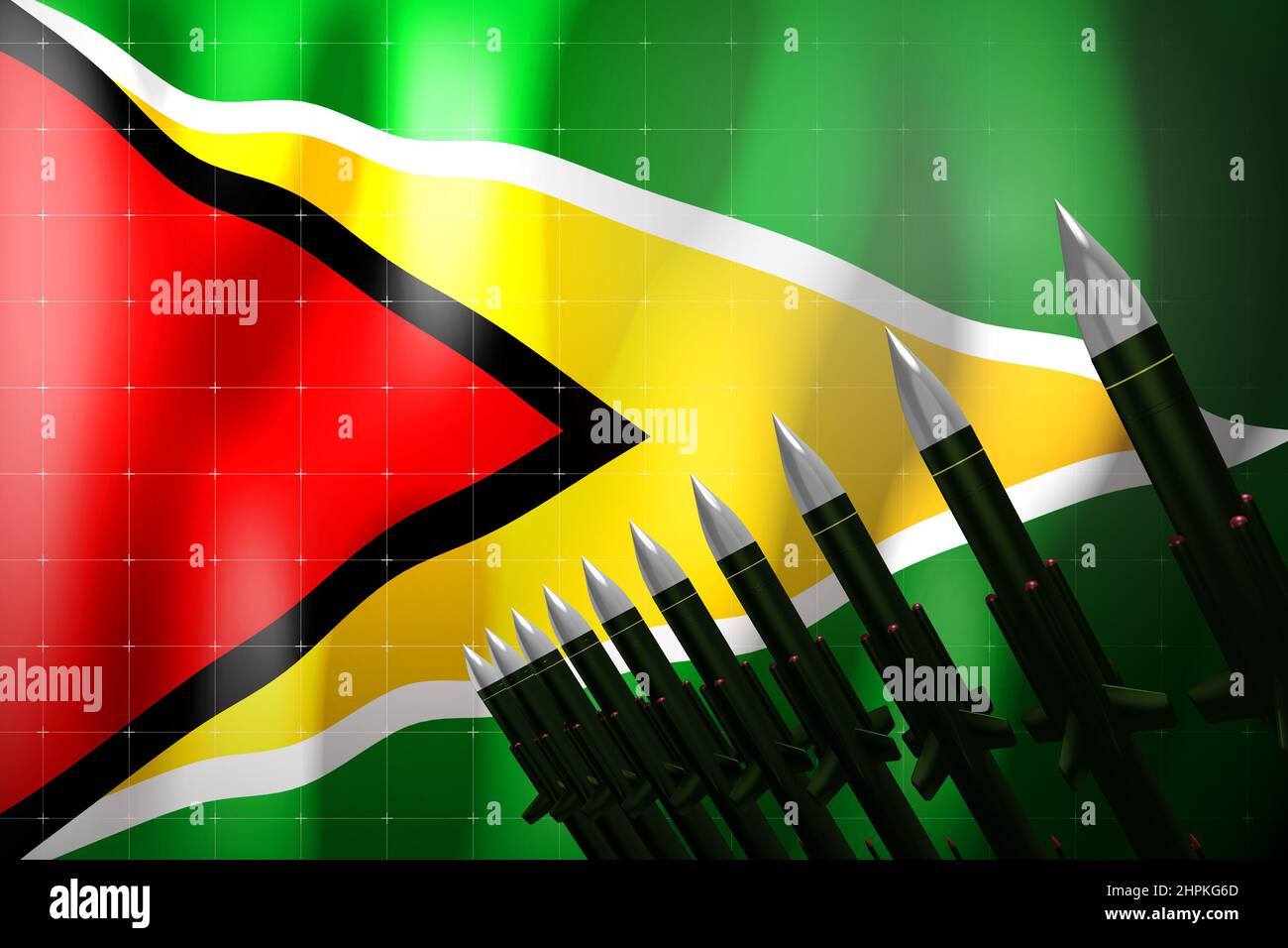 Cruise missiles, flag of Guyana in background - defense concept - 3D ...