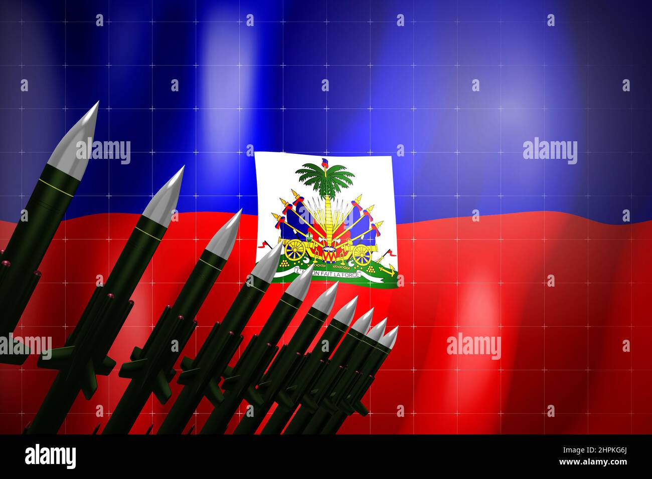 Cruise missiles, flag of Haiti in background - defense concept - 3D ...