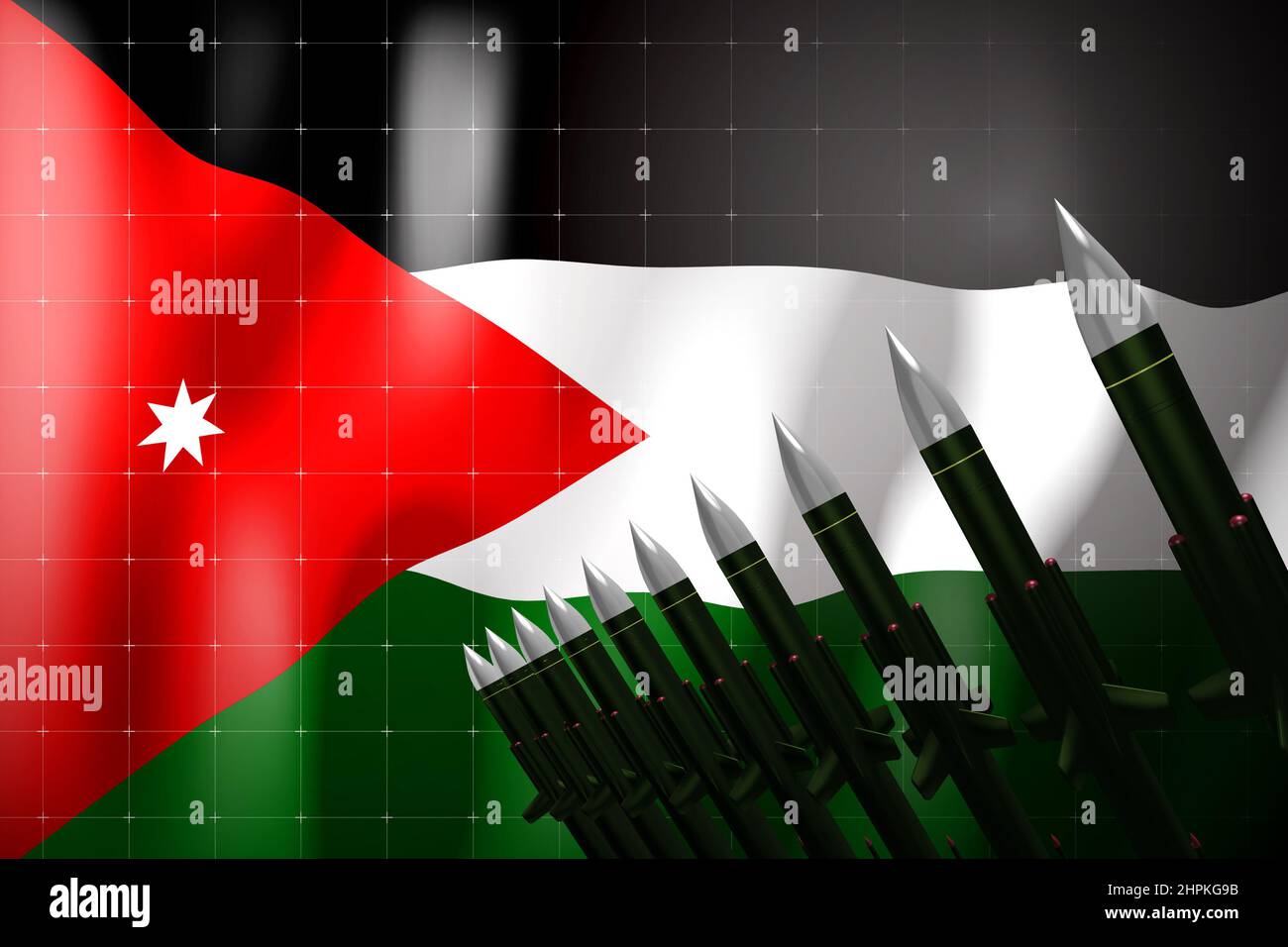 Cruise missiles, flag of Jordan in background - defense concept - 3D ...