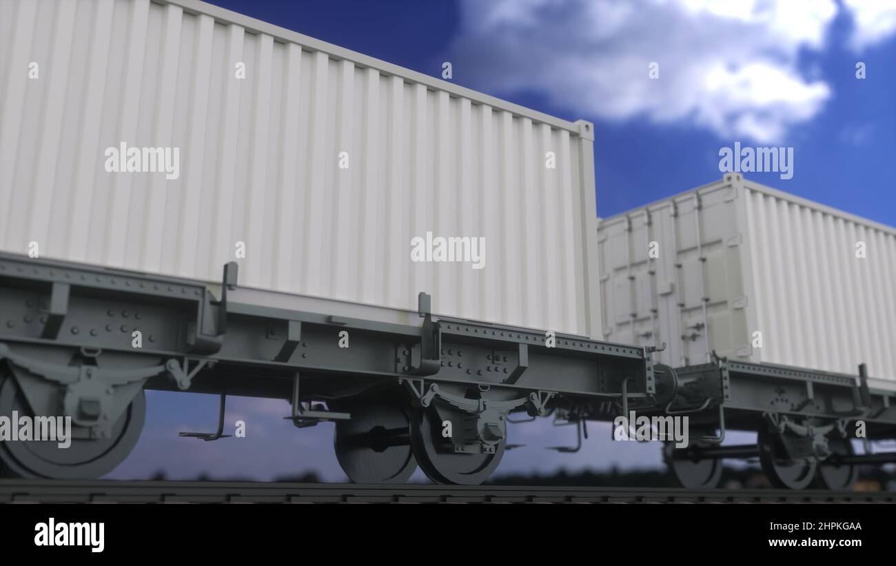 Cargo train with blank white containers. Railway transportation. 3d ...