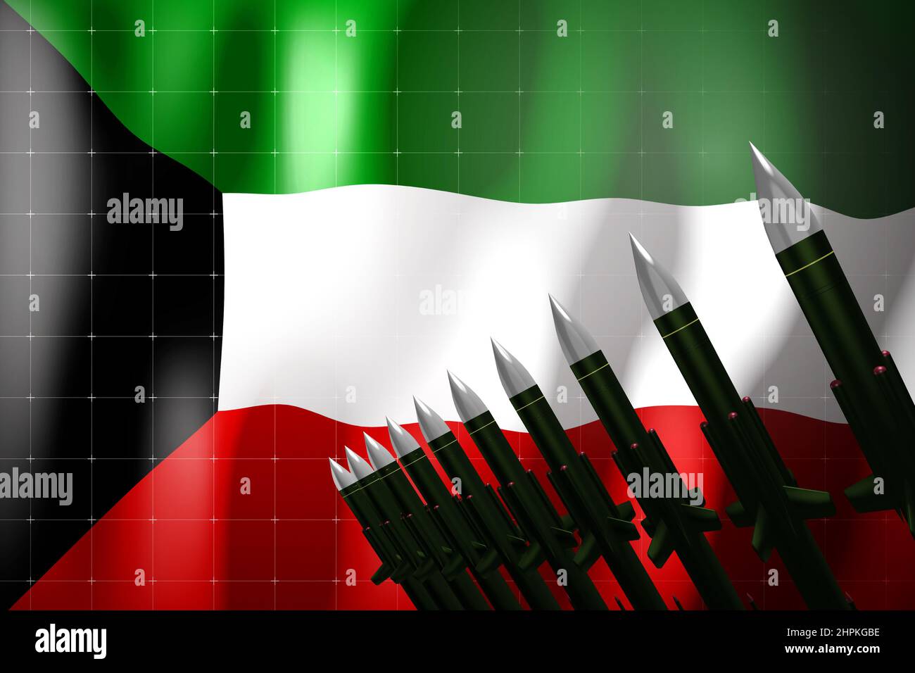 Cruise missiles, flag of Kuwait in background - defense concept - 3D ...