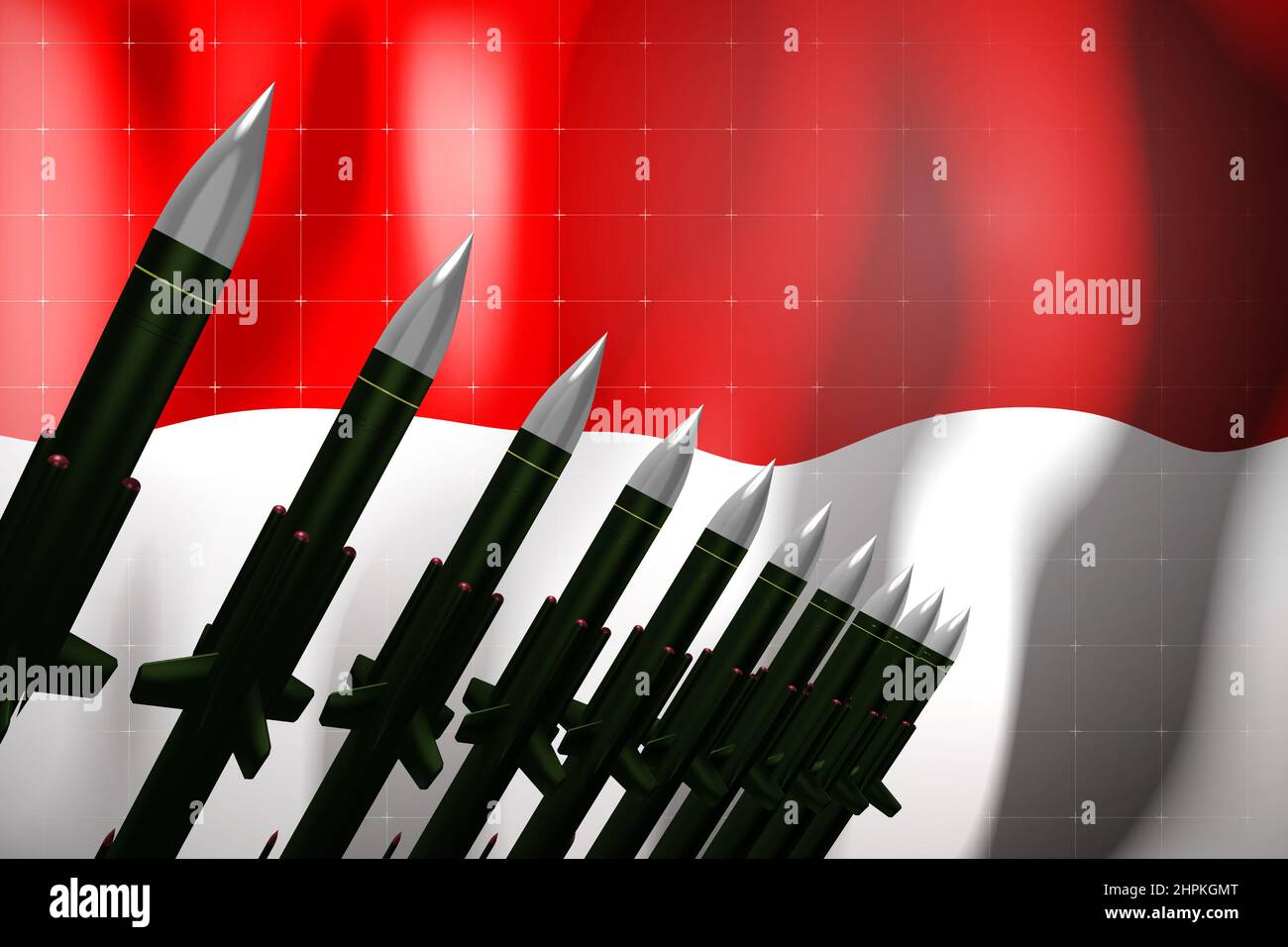 Cruise missiles, flag of Monaco in background - defense concept - 3D ...