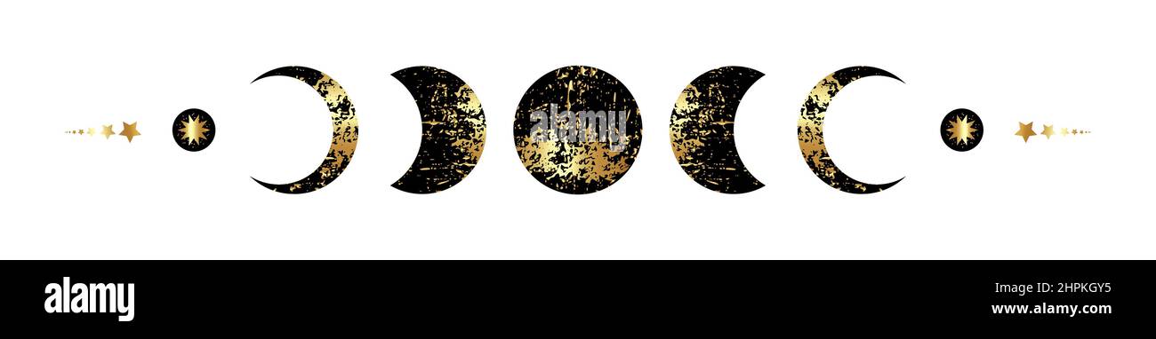 Moon Phases border frame in black and gold foil texture, wicca banner ...
