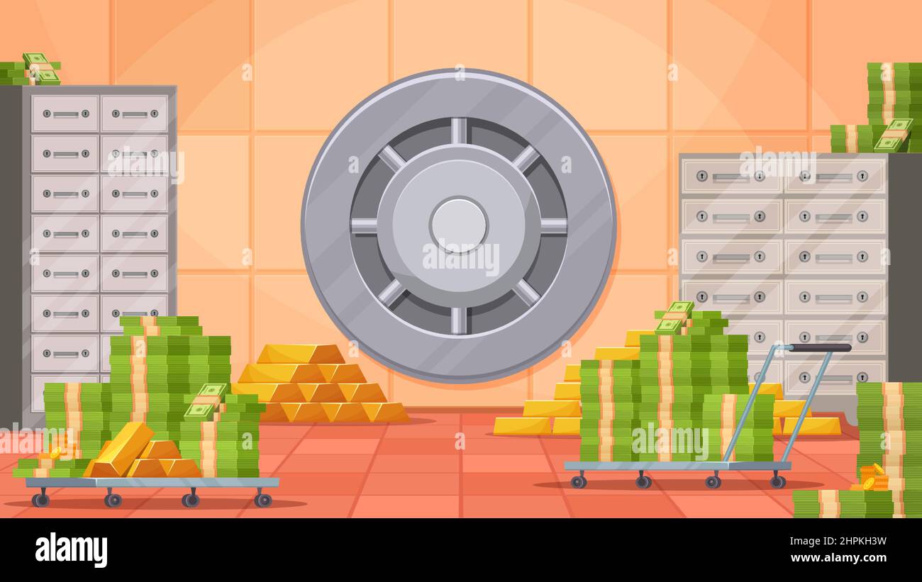 Bank vault inside with dollar bills and deposit cell. Cartoon money ...