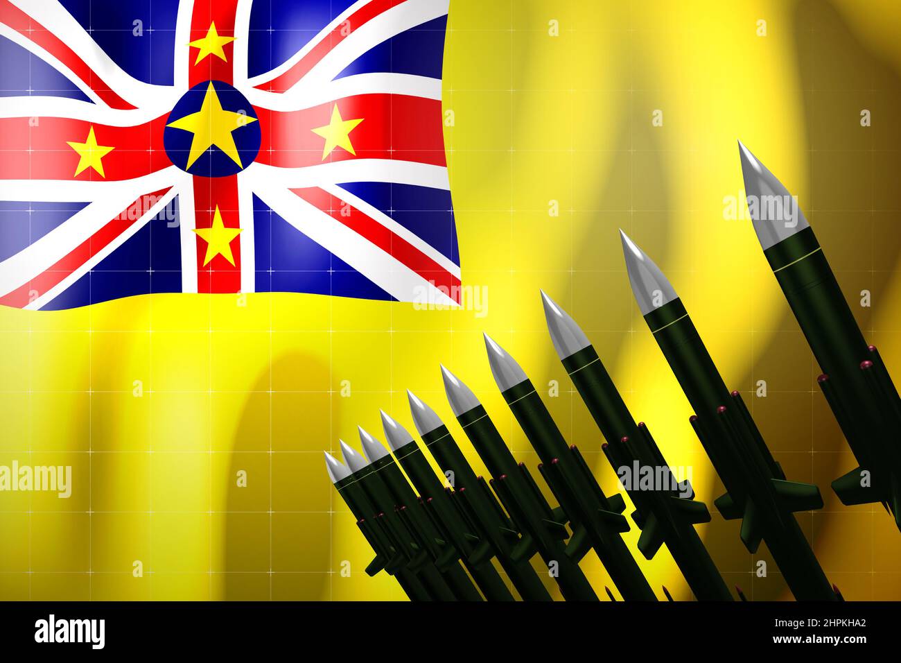 Cruise missiles, flag of Niue in background - defense concept - 3D ...