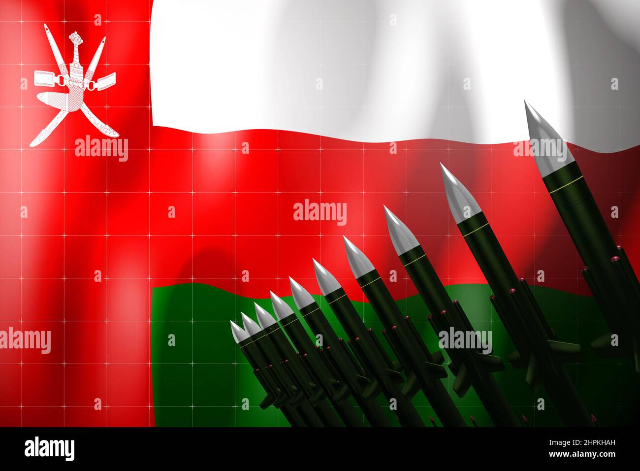 Cruise missiles, flag of Oman in background - defense concept - 3D ...