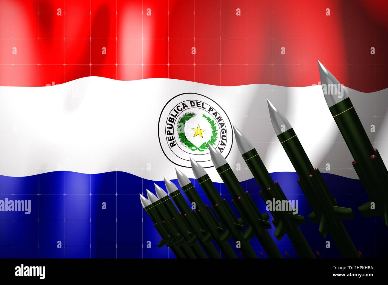 Cruise missiles, flag of Paraguay in background - defense concept - 3D ...