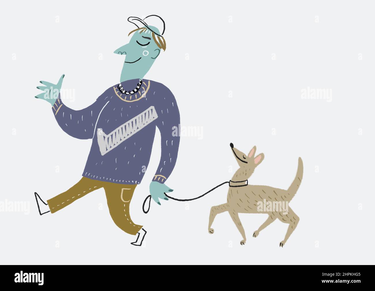 dog walker hand drawn trendy character illustration art Stock Photo - Alamy