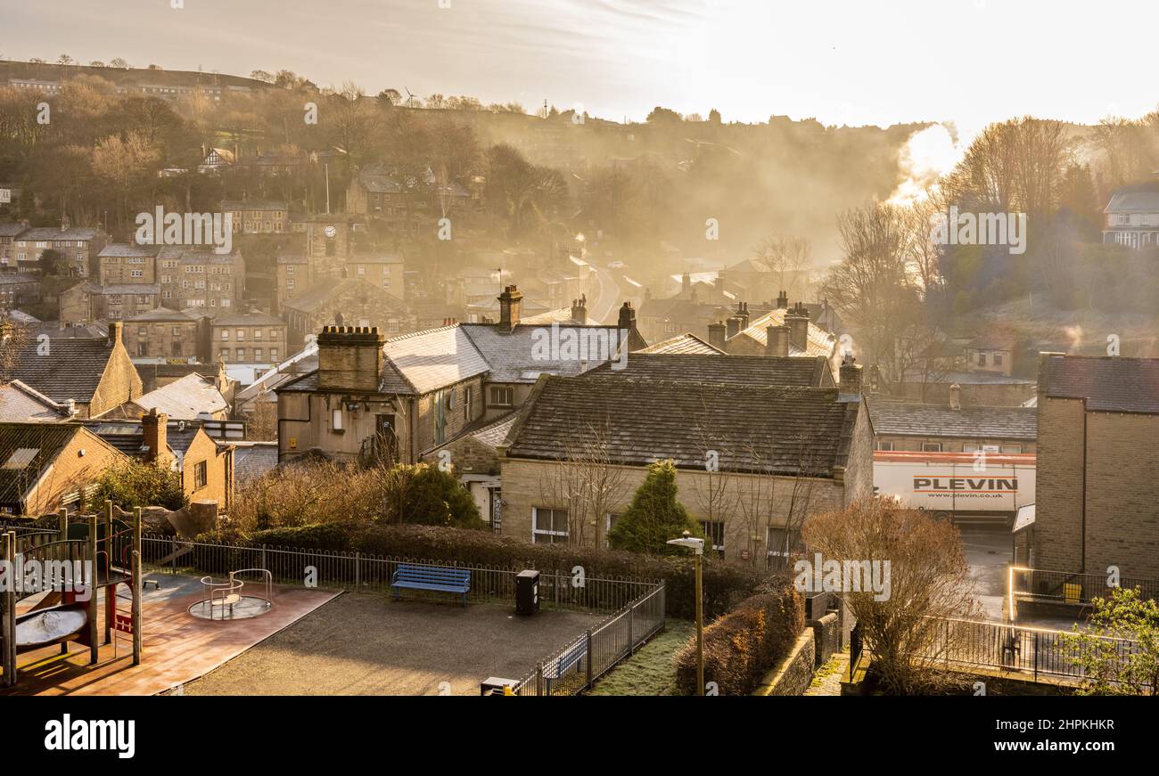 Winters morning in Holmfirth, West Yorkshire, based at the base of the ...