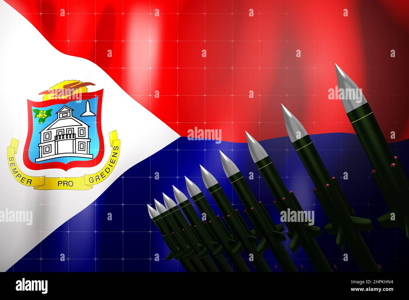 Cruise missiles, flag of Sint Maarten in background - defense concept ...