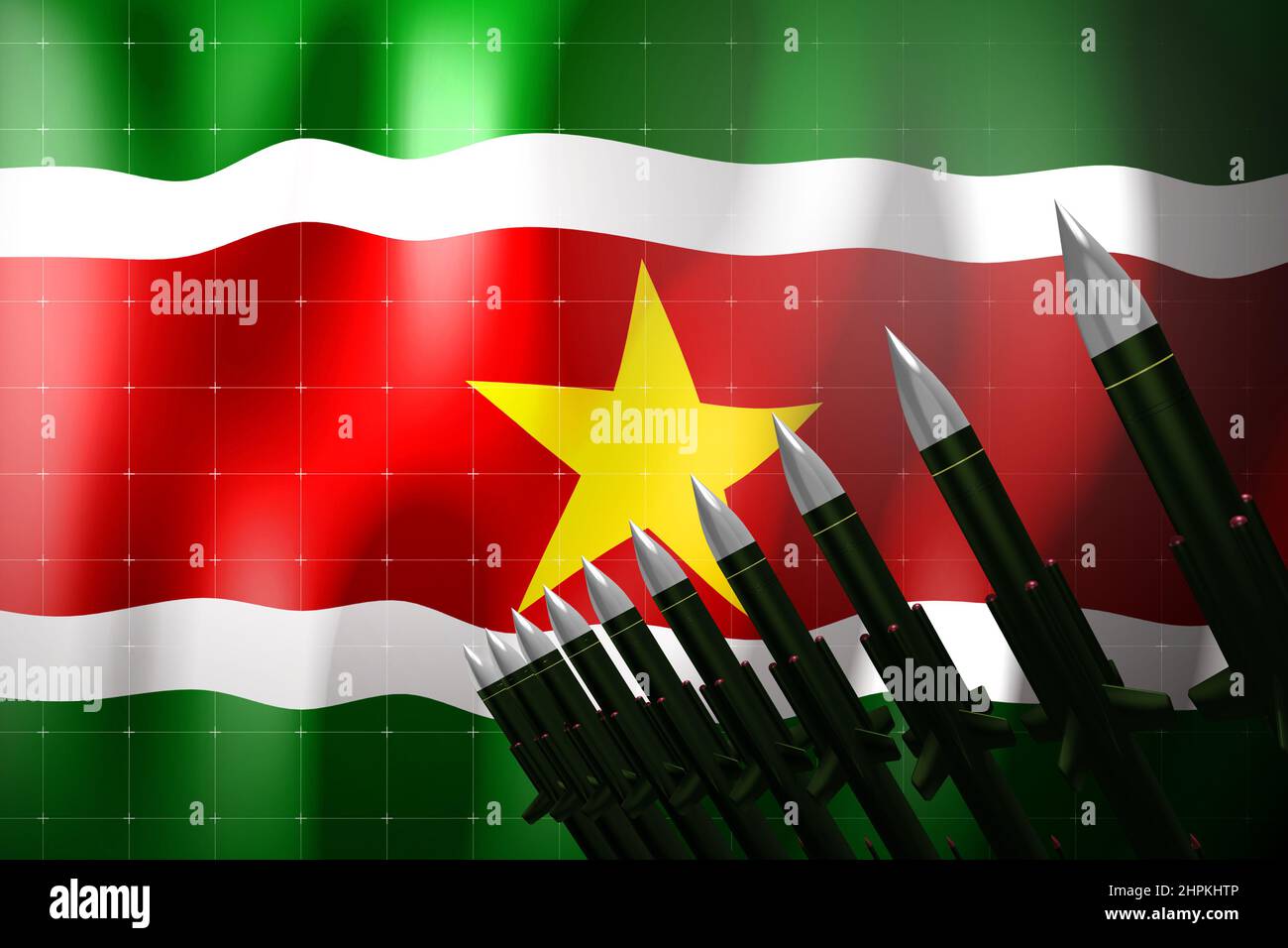 Cruise missiles, flag of Suriname in background - defense concept - 3D ...