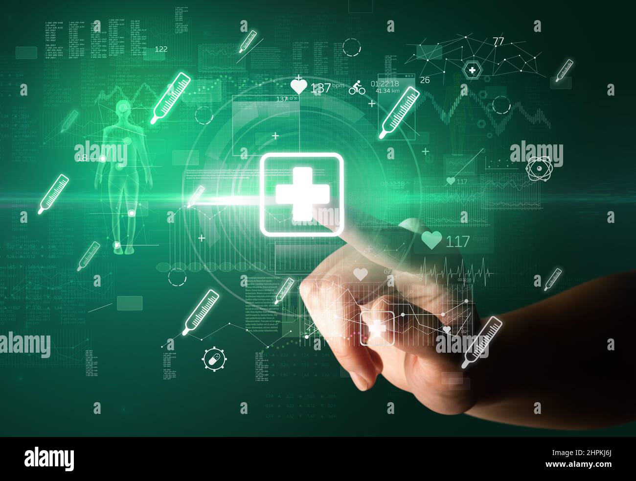 Doctor hand pressing futuristic health device with medical symbol on ...