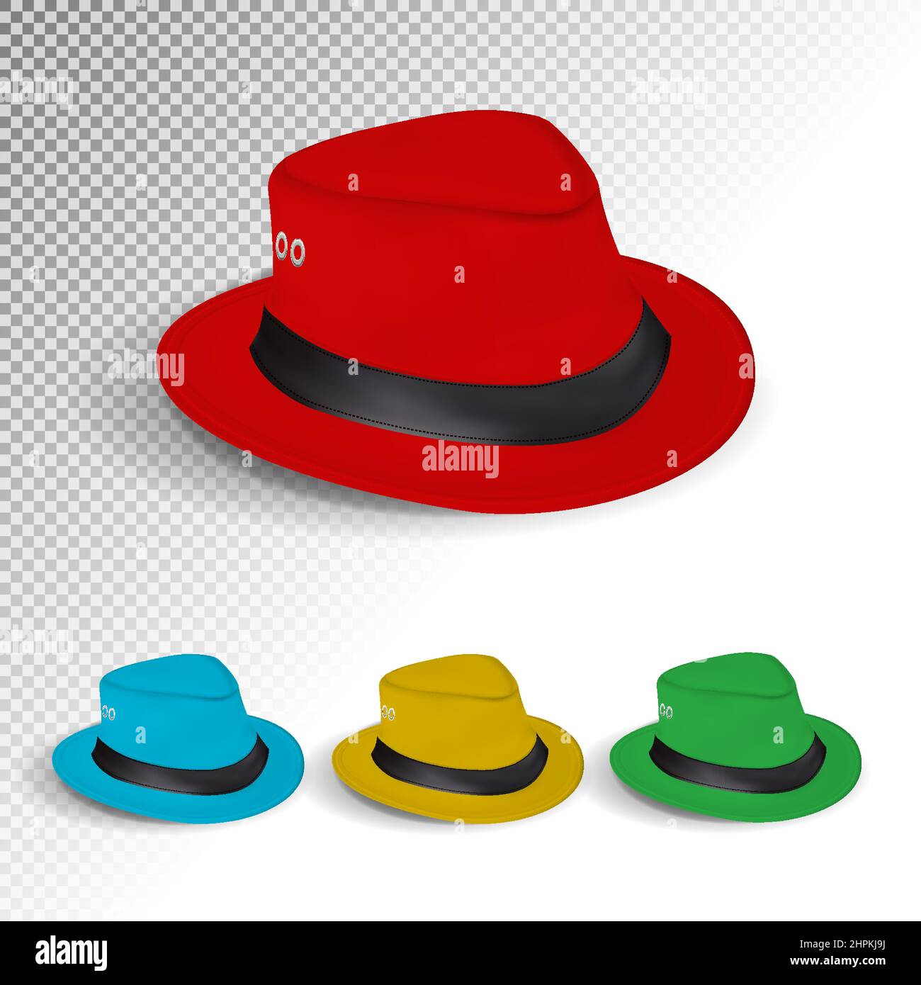 A set of felt hats in different colors. Red, blue, yellow, green ...