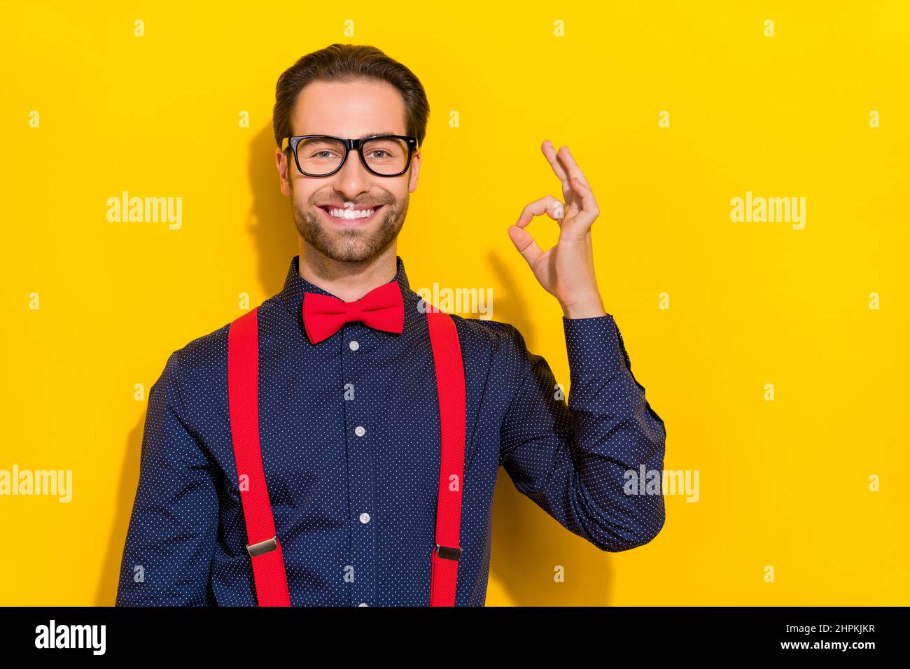 Photo of young man show fingers okey symbol feedback promo perfect ...