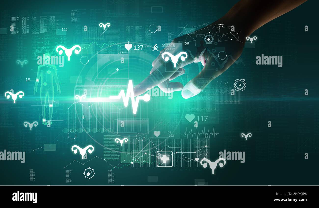 Doctor hand pressing futuristic health device with medical symbol on ...