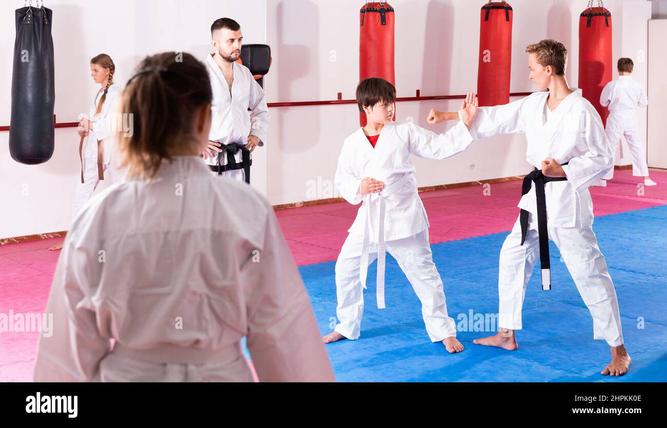 Kids in kimonos exercising techniques in pair during taekwondo class at ...