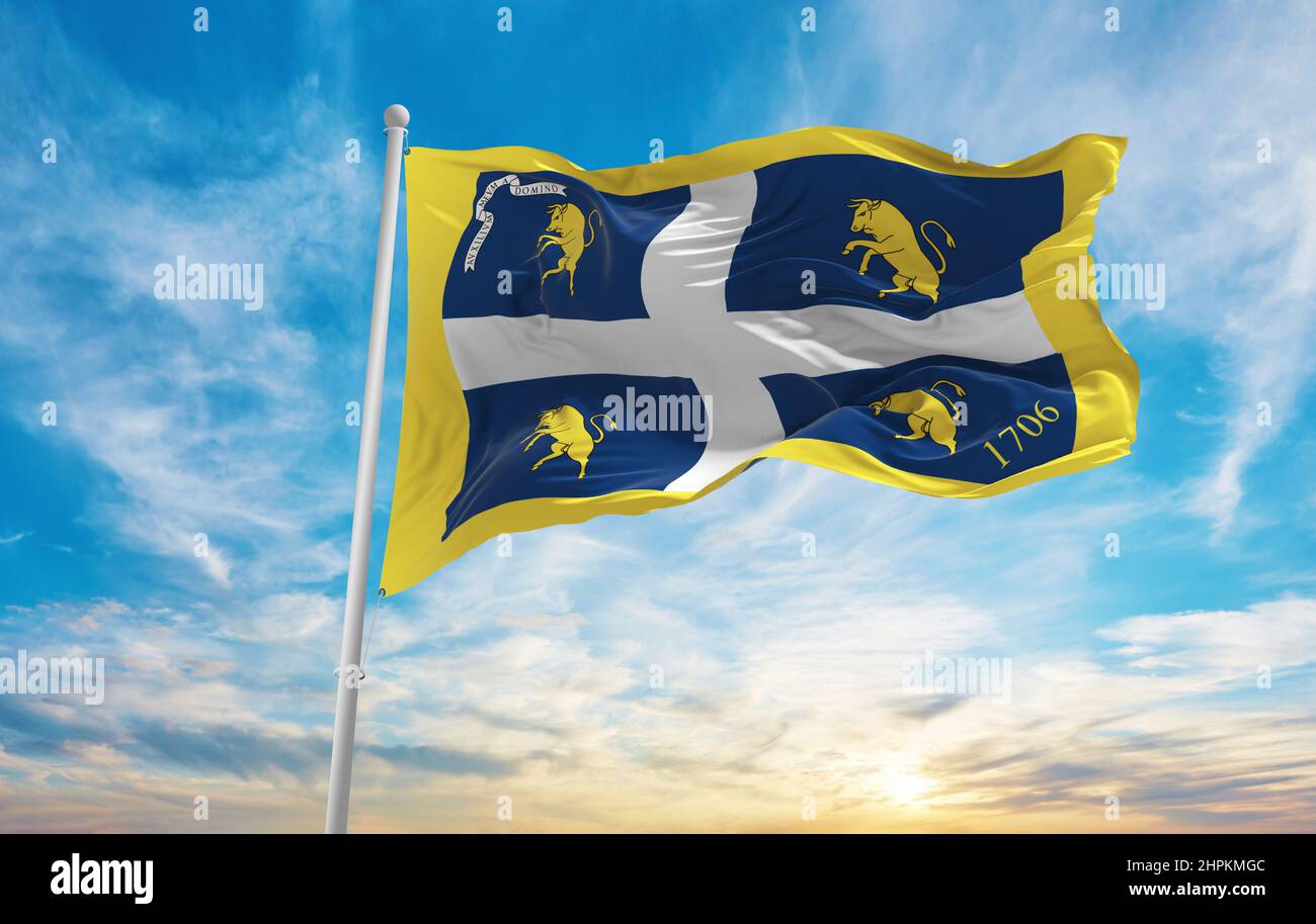 flag of Turin, Italy at cloudy sky background on sunset, panoramic view ...