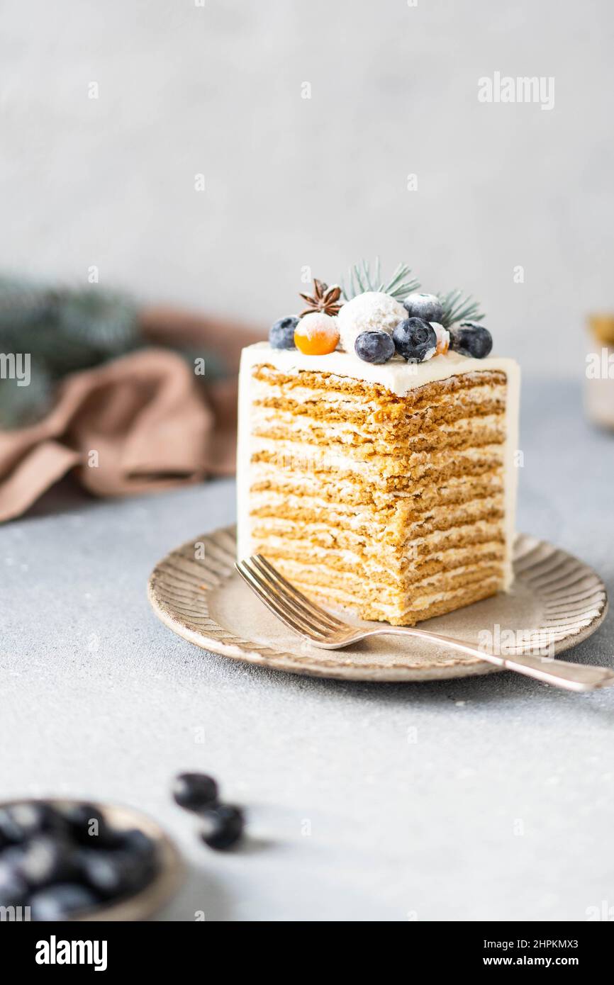 Delicious homemade cake with honey and fresh cream. Homemade dessert ...