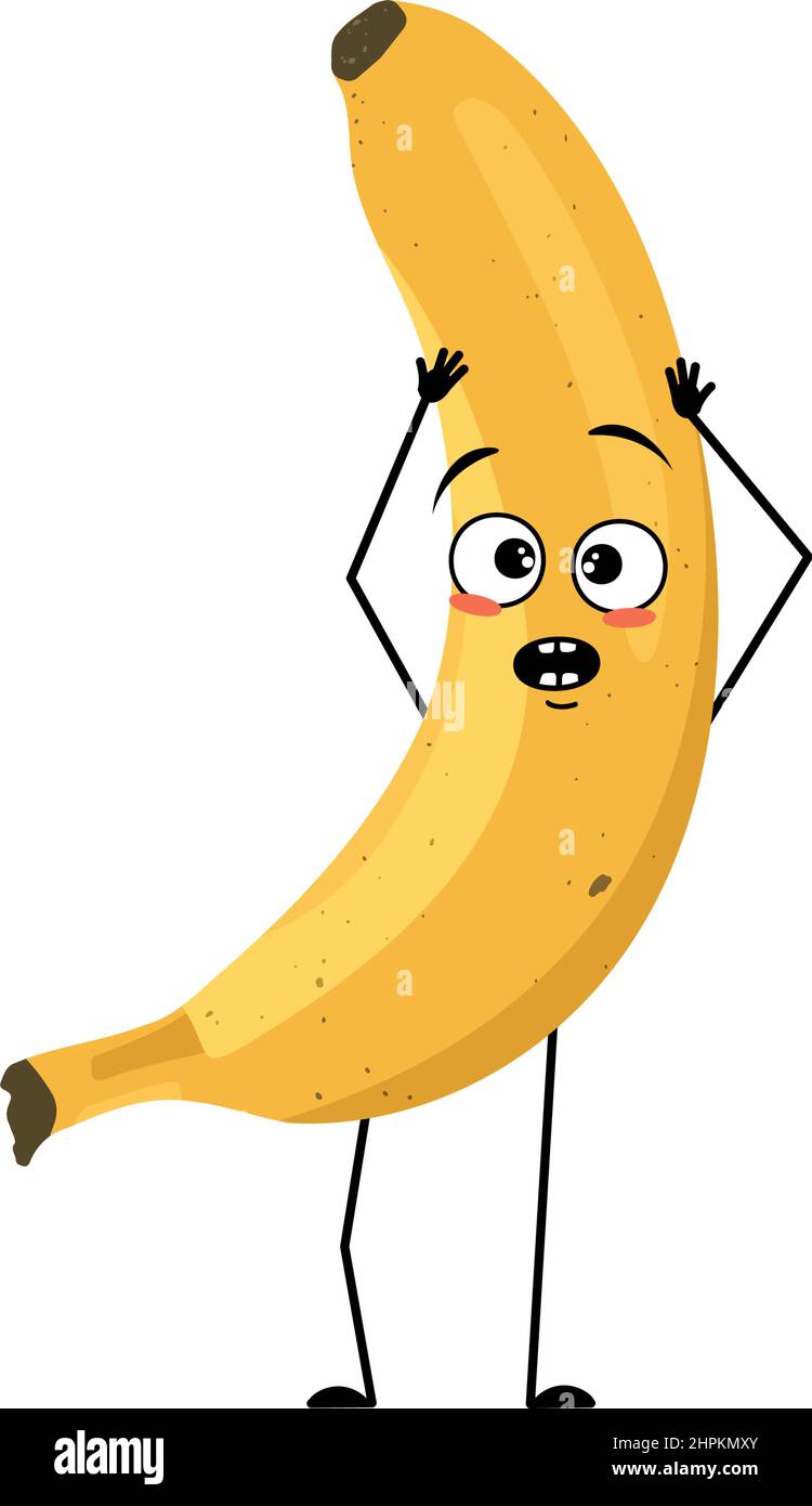 Banana character with emotions in panic grabs his head, surprised face ...