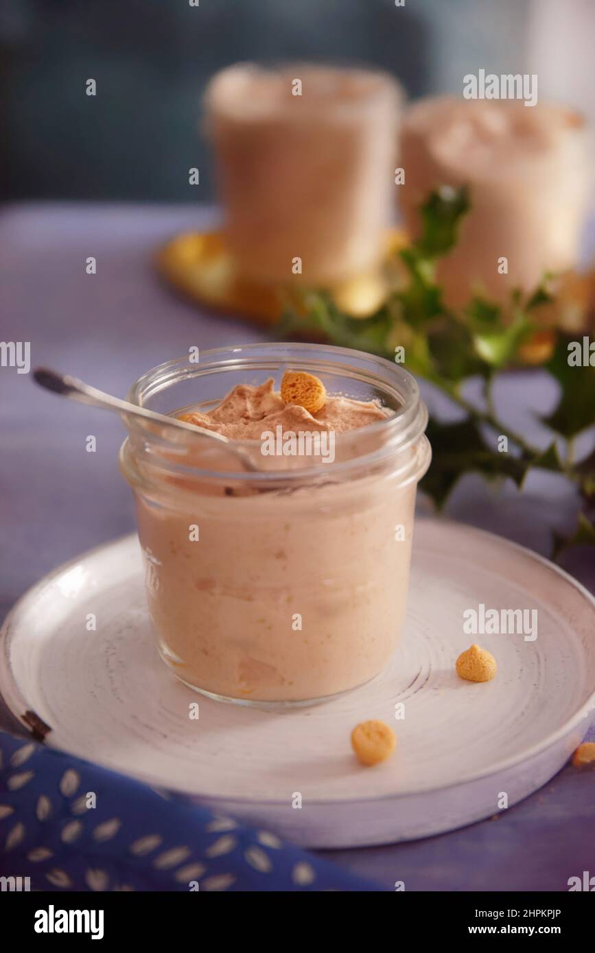 Choco and tradizional italian Amaretti mousse, servede in glass jar and ...