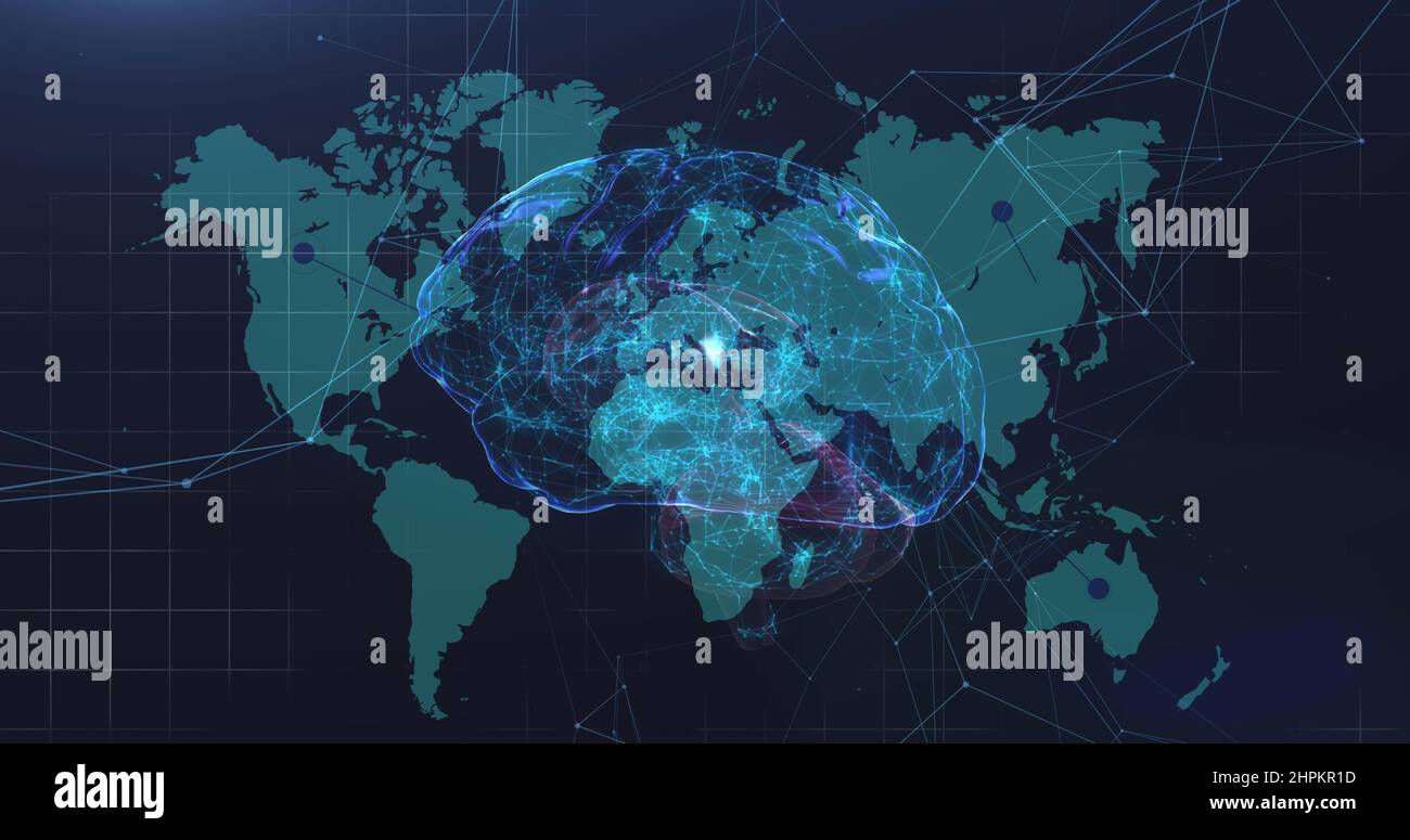 Human brain spinning against network of connection over world map on ...