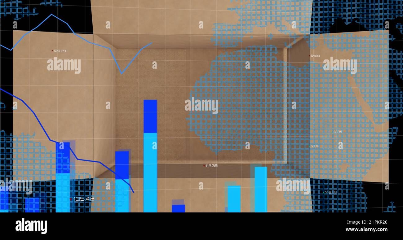 Image of statistics data processing over world map and cardboard box Stock Photo - Alamy