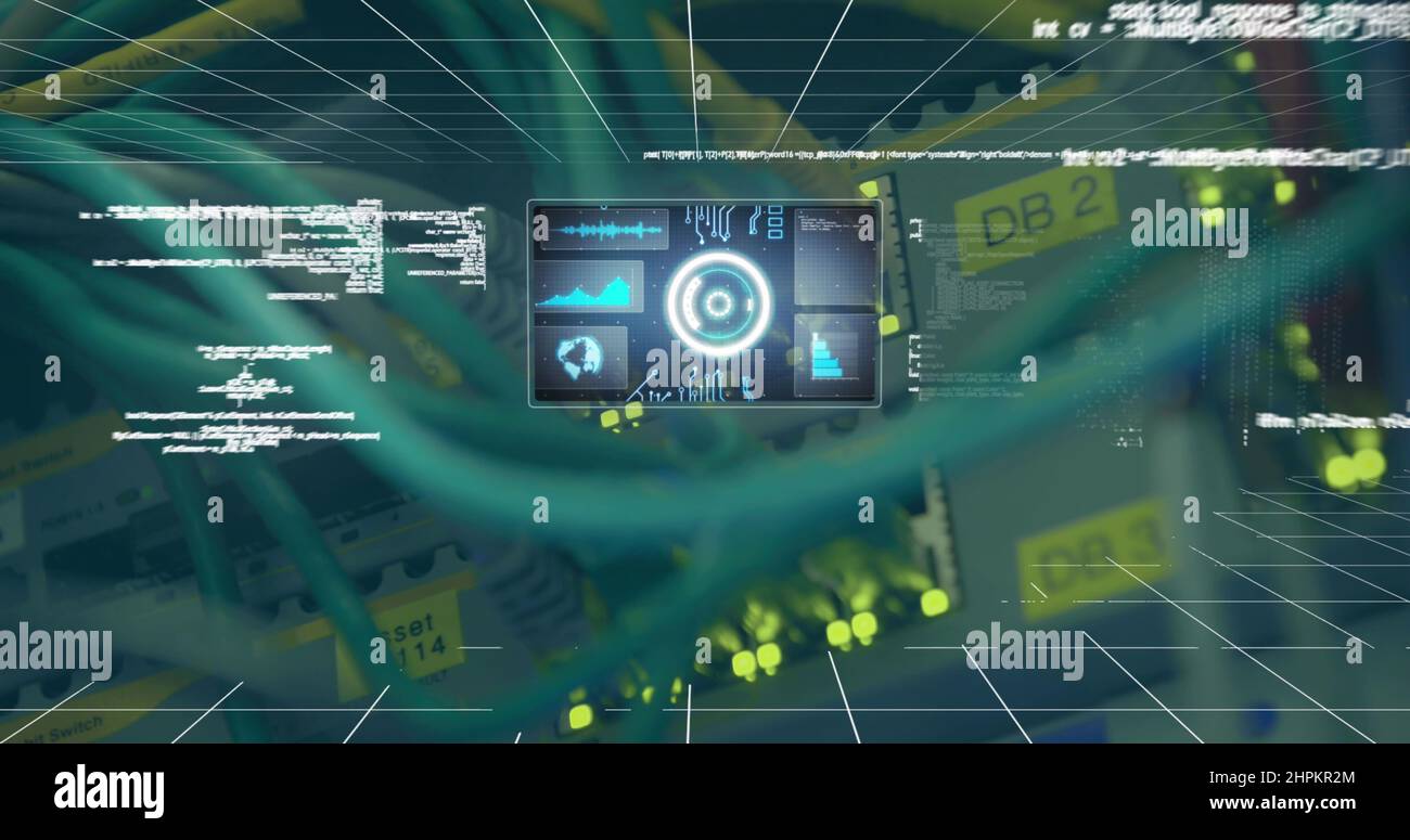 Image of screen with scope scanning and data processing over close up of computer server Stock ...