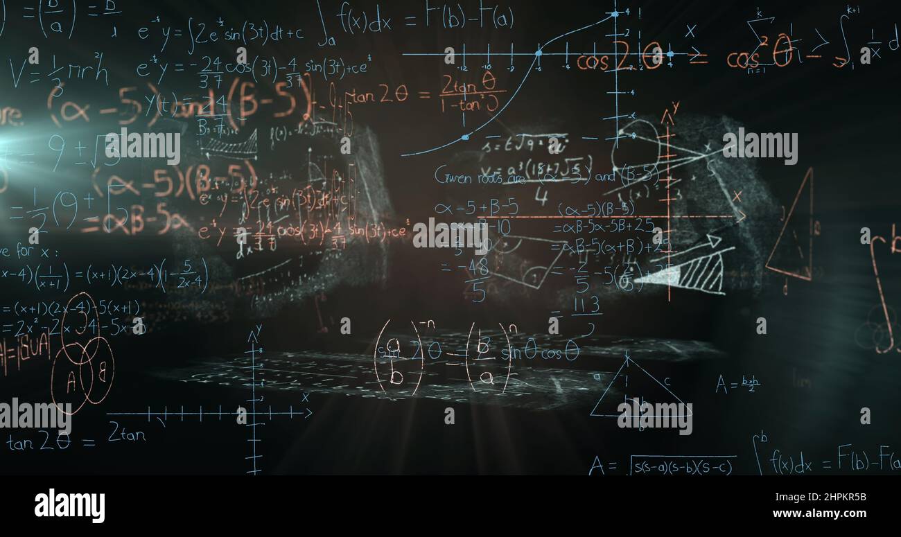 Digital image of mathematical equations, symbols and diagrams against ...