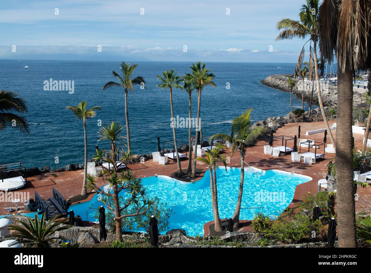 Beach club with blue swimming pool and palm trees on coast of Atlantic ...