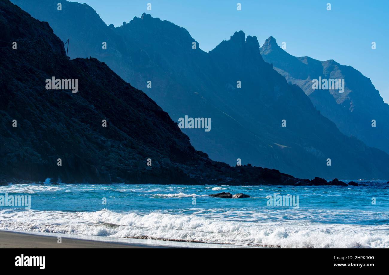 Panoramic view on lava rocks of laya de Almaciga and blue Atlantic ...