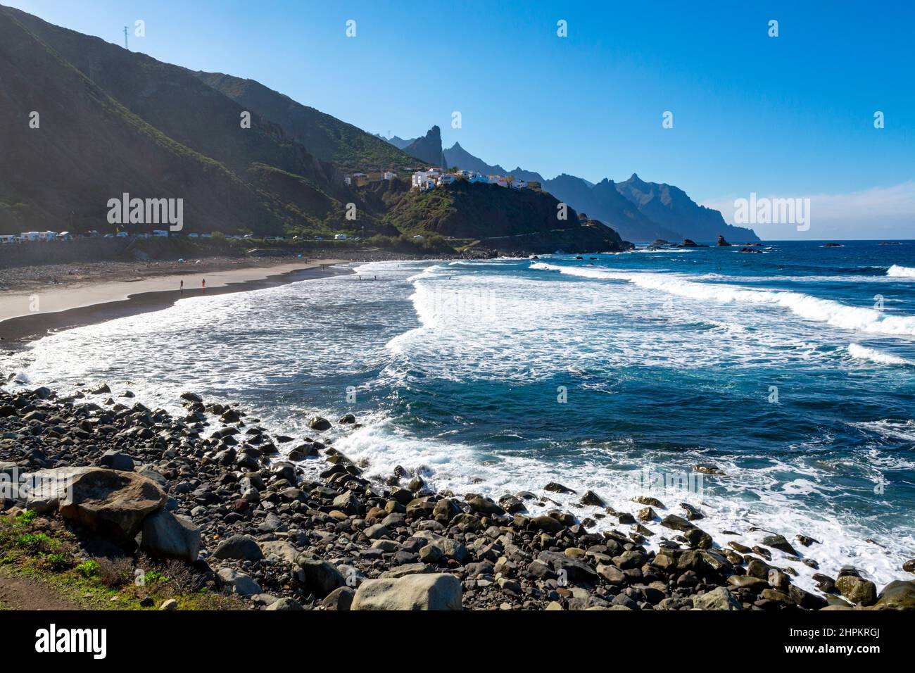 Panoramic view on lava rocks of laya de Almaciga and blue Atlantic ...