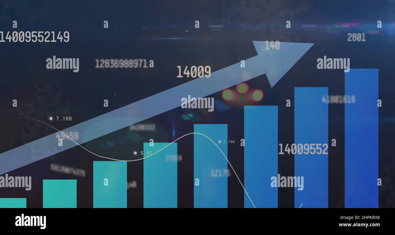 Image of statistics and numbers processing with arrow over cityscape ...