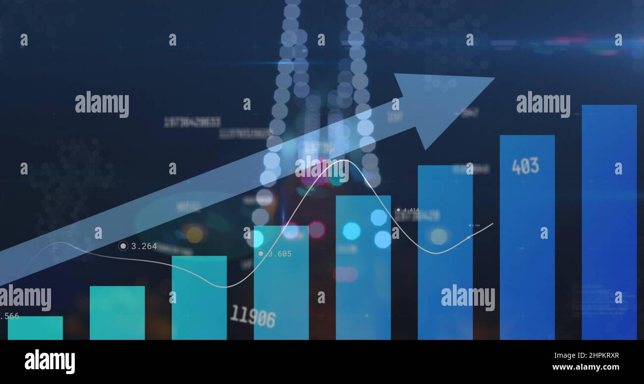 Image of statistics and numbers processing with arrow over cityscape ...