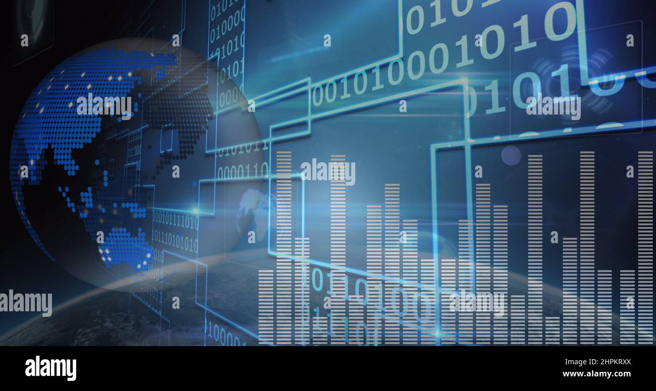 Image of data processing and binary coding on screen over planet earth ...