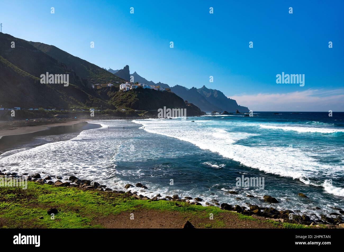 Panoramic view on lava rocks of laya de Almaciga and blue Atlantic ...