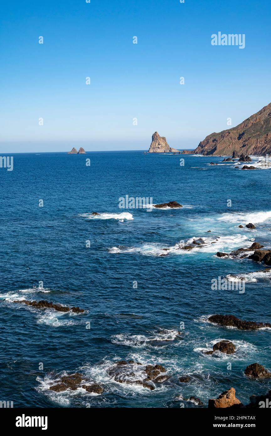 Panoramic view Playa del Roque de las Bodegas and blue Atlantic ocean ...