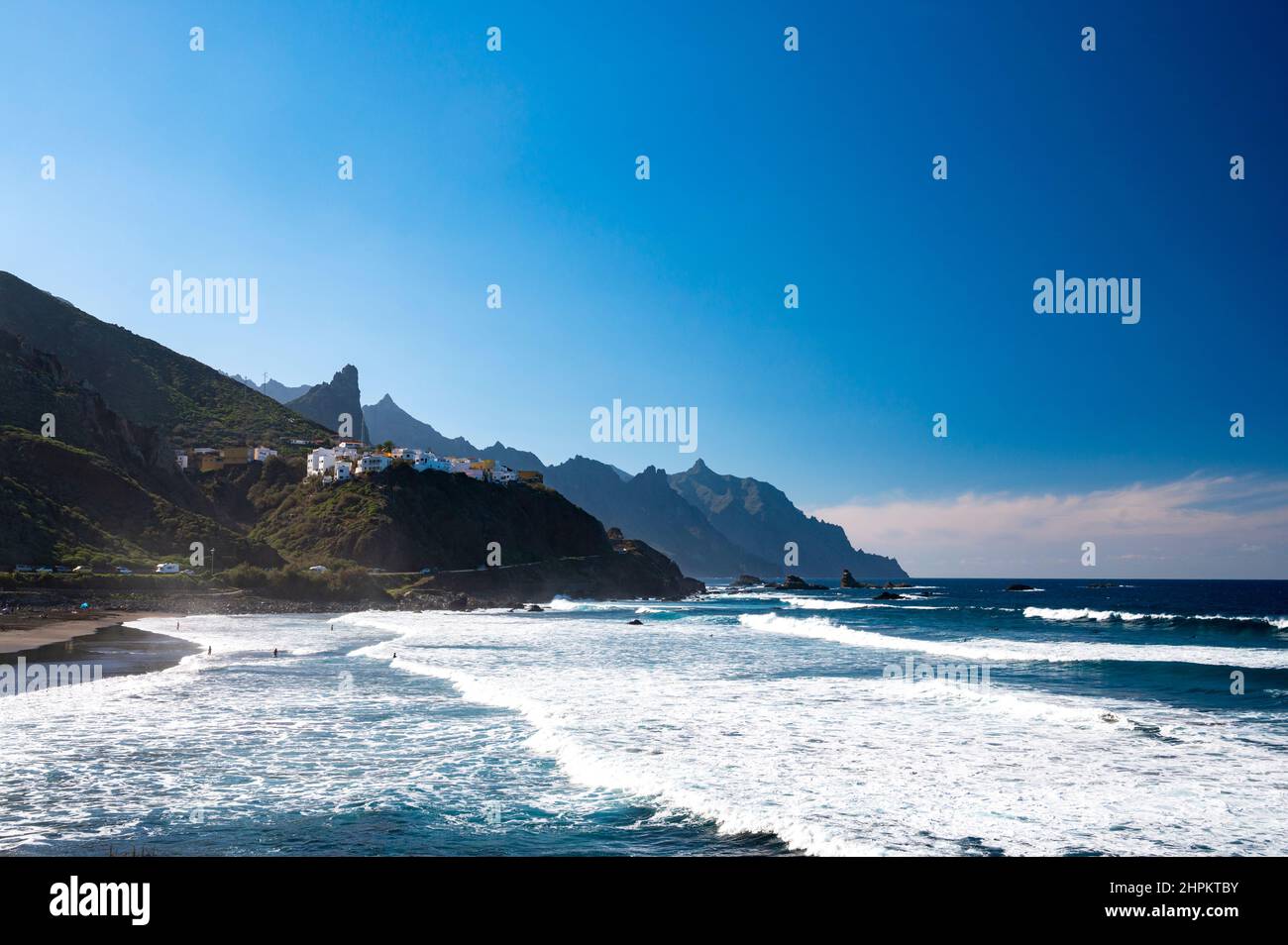 Panoramic view on lava rocks of laya de Almaciga and blue Atlantic ...