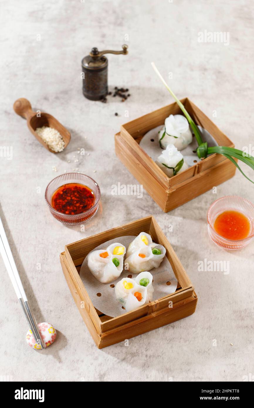 Shrimp Chinese Steamed Dumpling (Dim Sum) with Sauce Dimsum is a Chinese Traditional Food ...