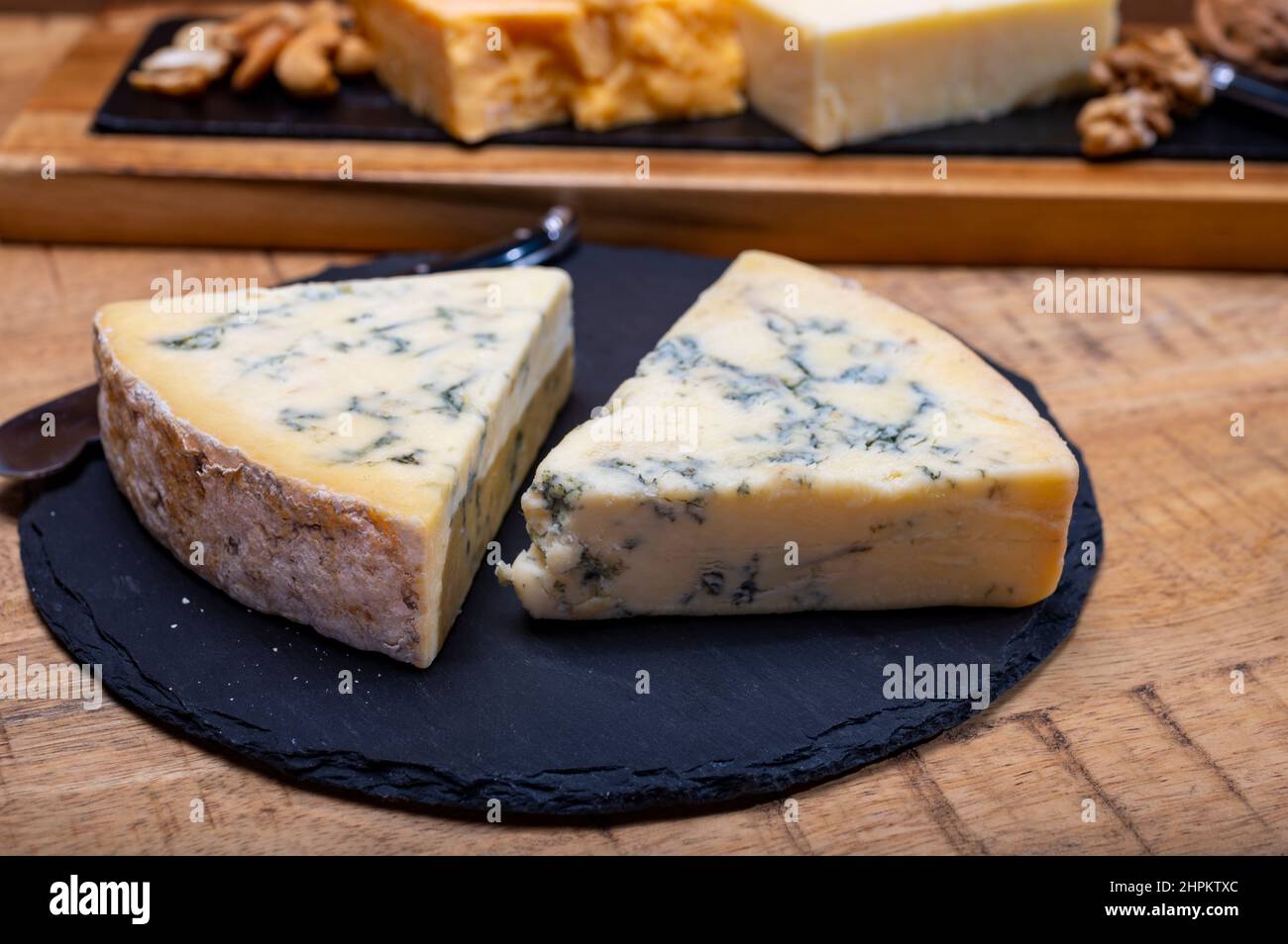 British cheeses collection, blue Stilton, Scottish coloured and English ...