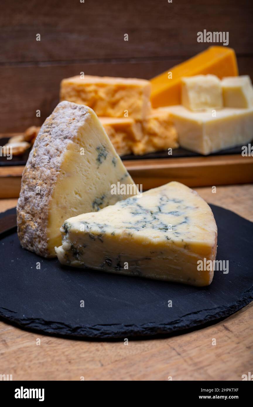 British cheeses collection, blue Stilton, Scottish coloured and English ...