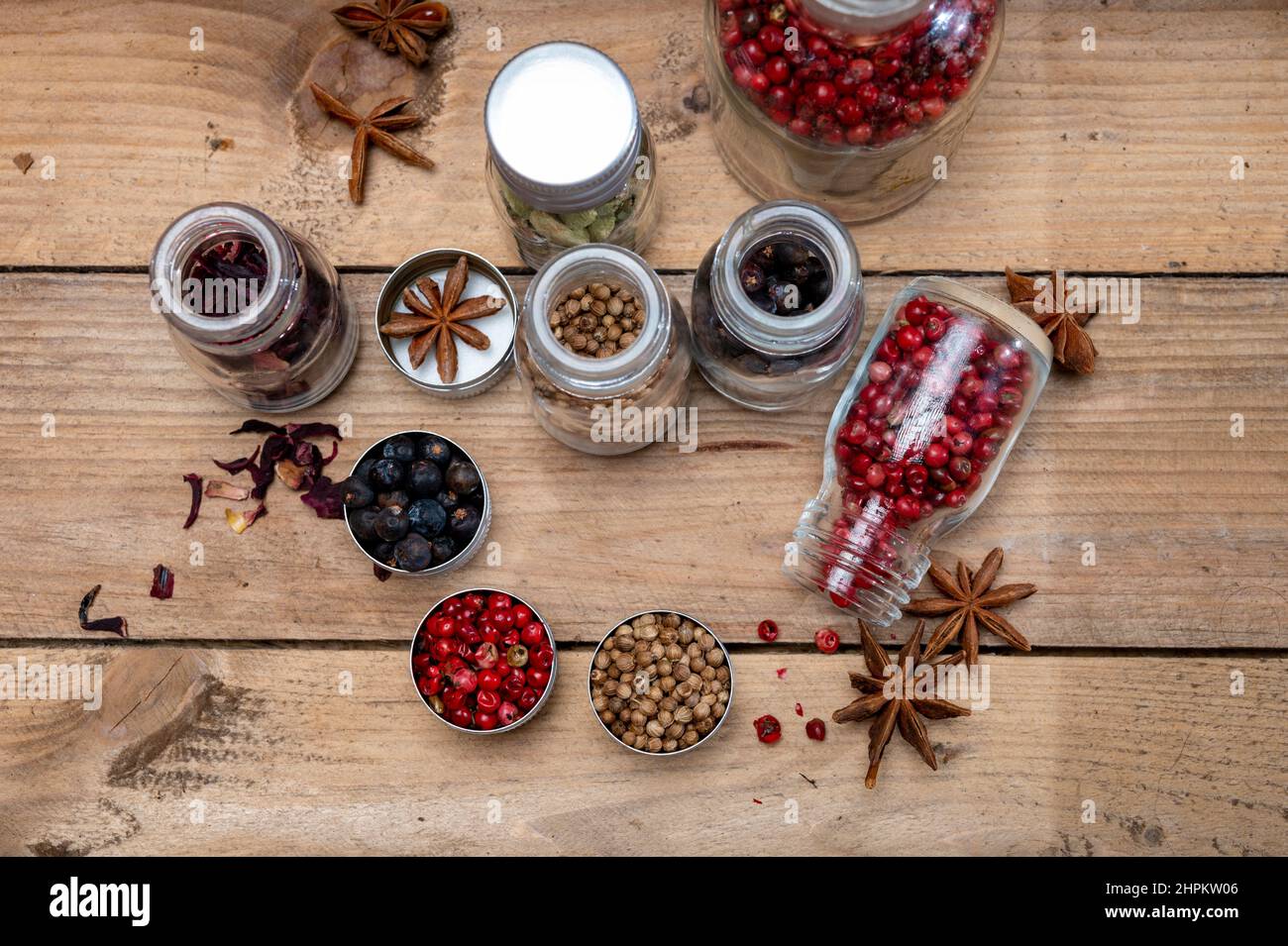 Professional set of gin spices in small bottles, pink pepper, hibiscus ...