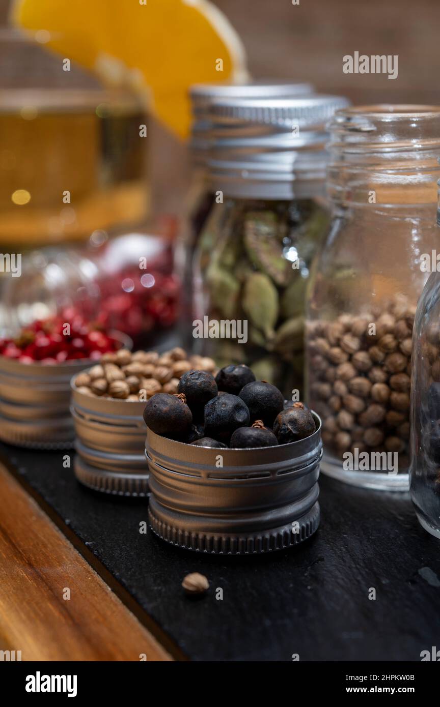 Professional set of gin spices in small bottles, pink pepper, hibiscus ...
