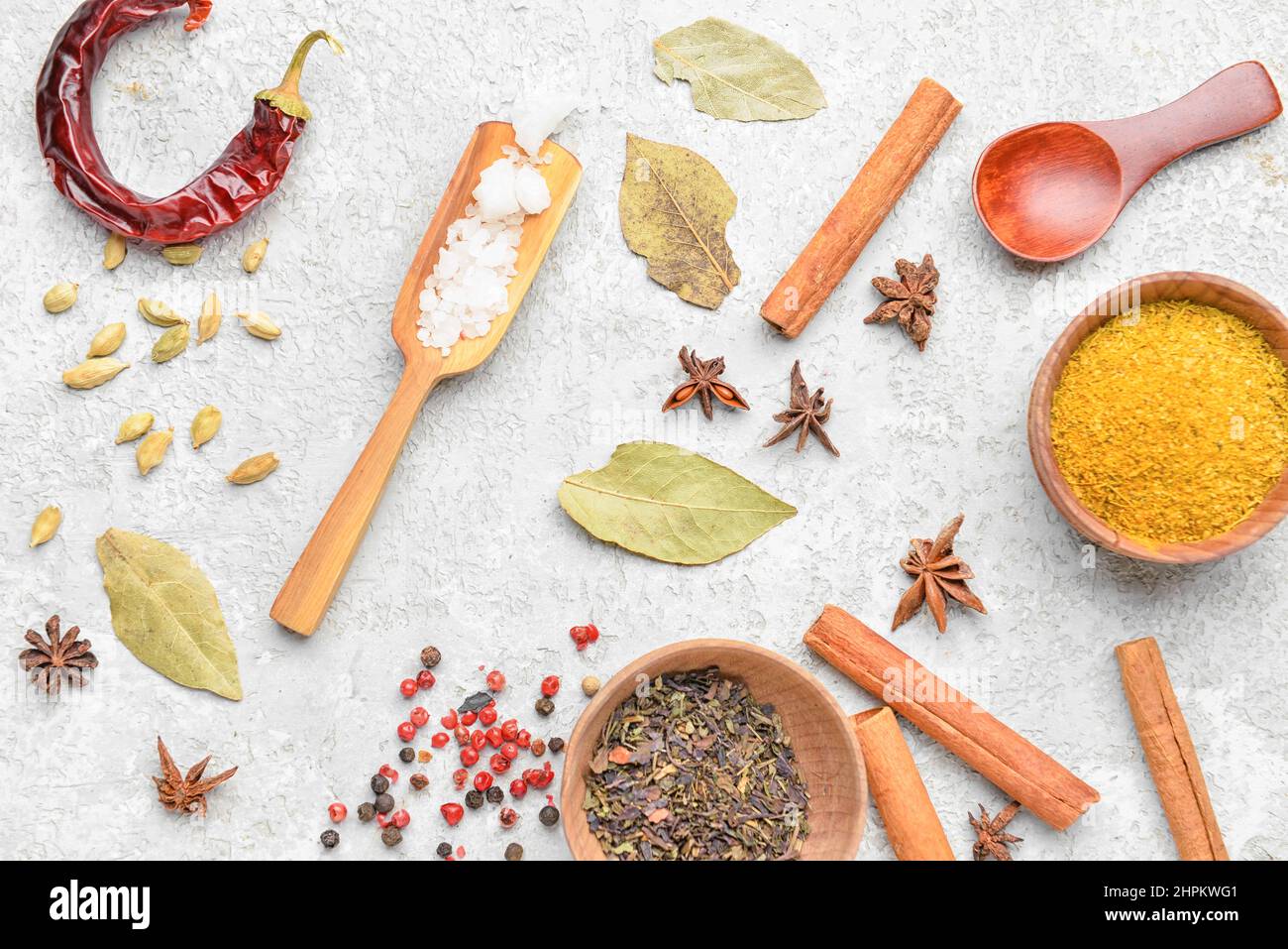Set of aromatic spices on light background Stock Photo - Alamy