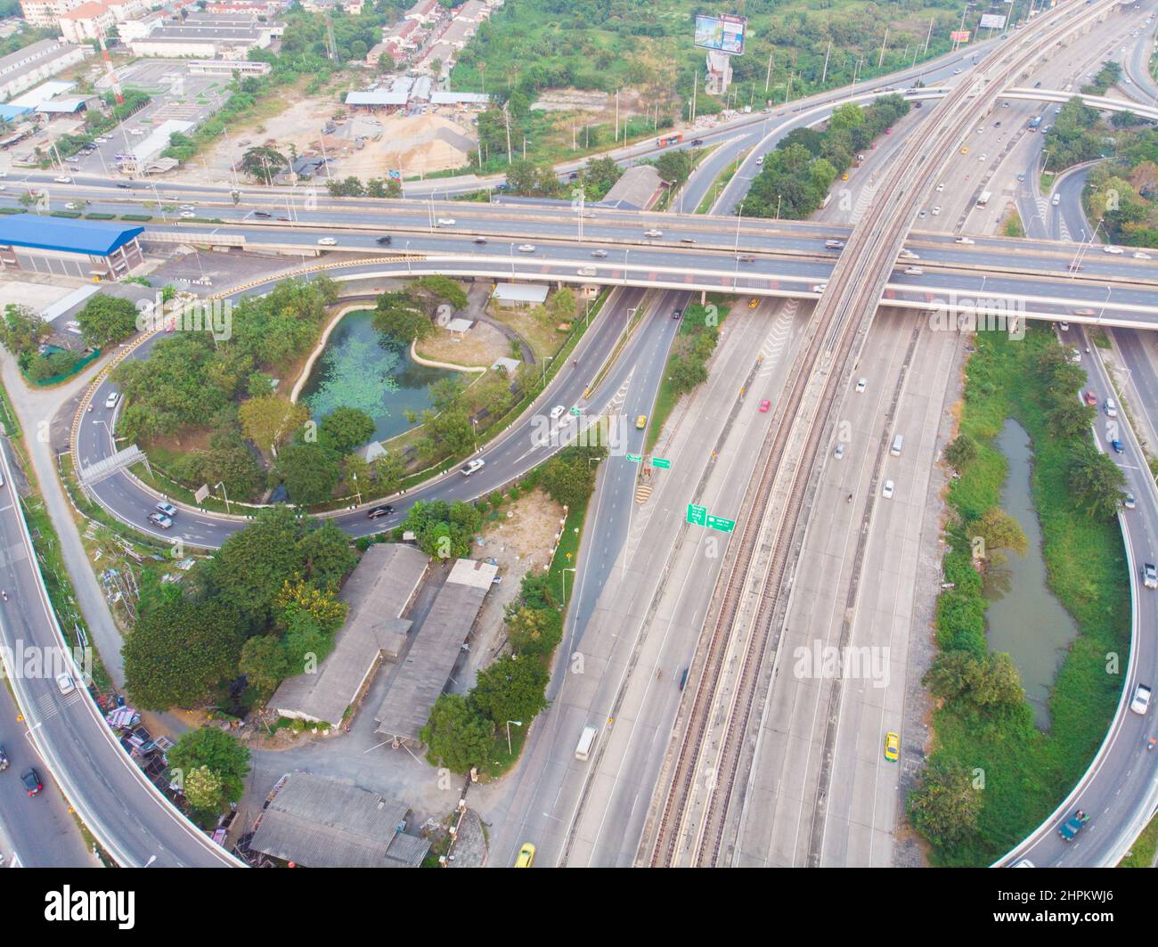 Transport junction city road with roundabount aerial view Stock Photo ...