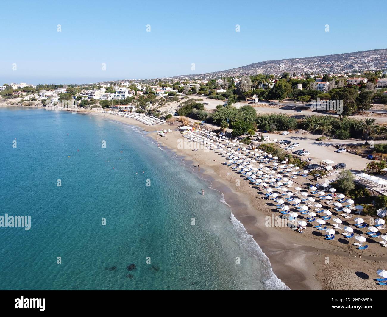 Aerial view on clear blue water of Coral bay in Peyia, Mediterranean ...